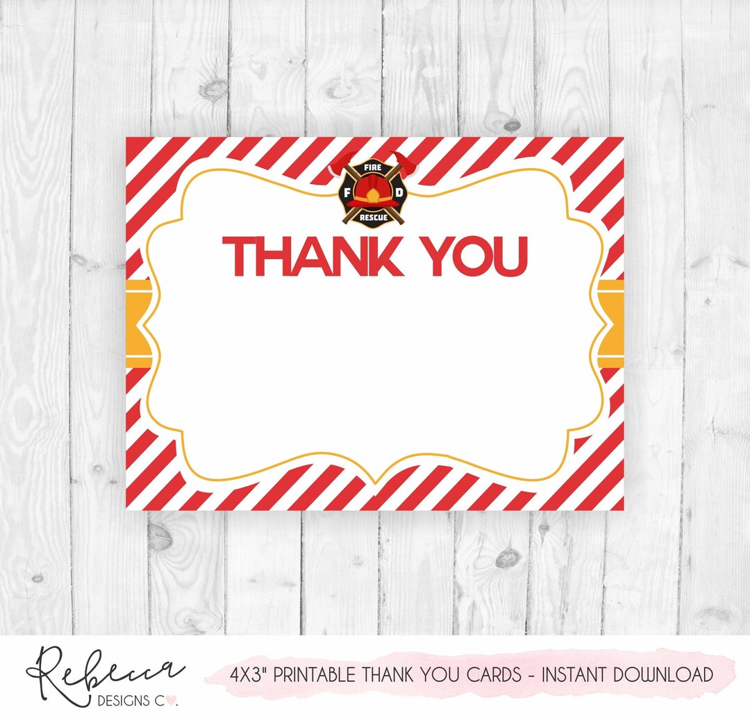 Firemen Thank You Card Firefighter Thank You Card Printable Firetruck ...