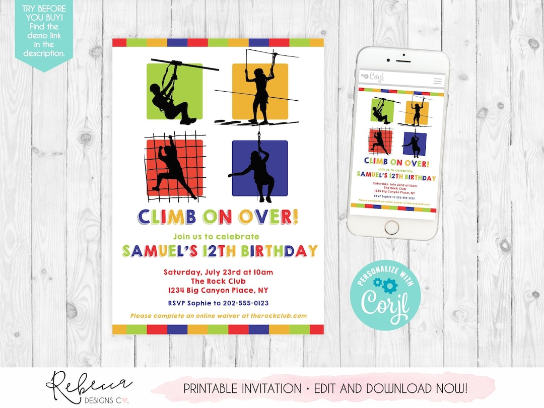 Ropes Course Invitation Obstacle Course Birthday Boy Zipline Invitation ...