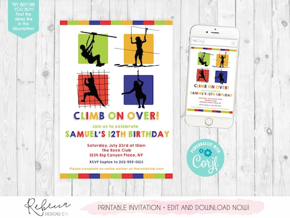 Ropes Course Invitation Obstacle Course Birthday Boy Zipline Invitation ...