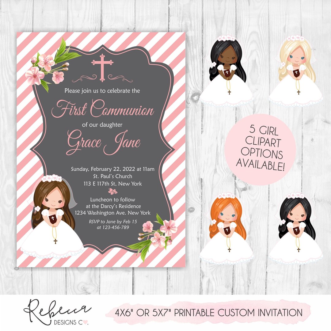 First Communion Girl Invitation Printable Communion Invite - Etsy