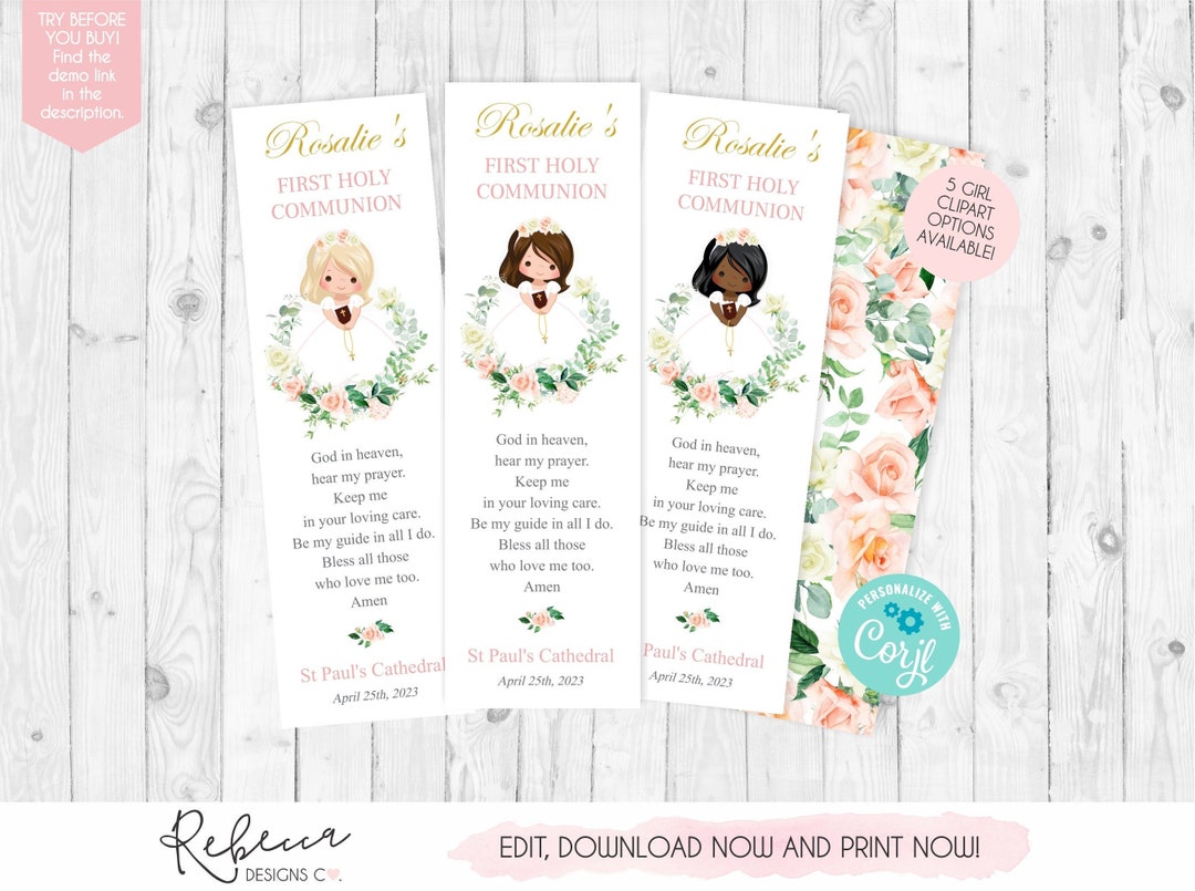 First Communion Bookmark Favor Printable Girl Communion Bookmark ...