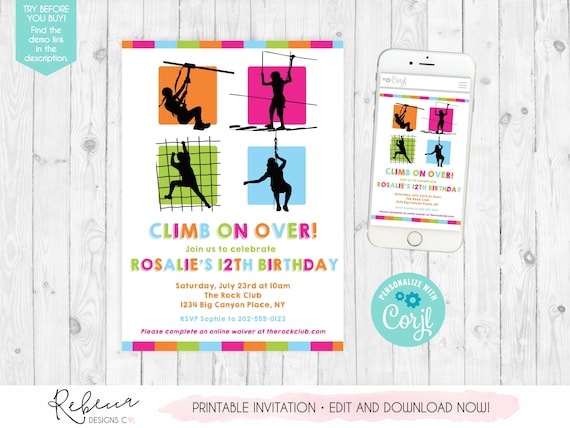 Ropes Course Invitation Obstacle Course Birthday Girl Zipline ...