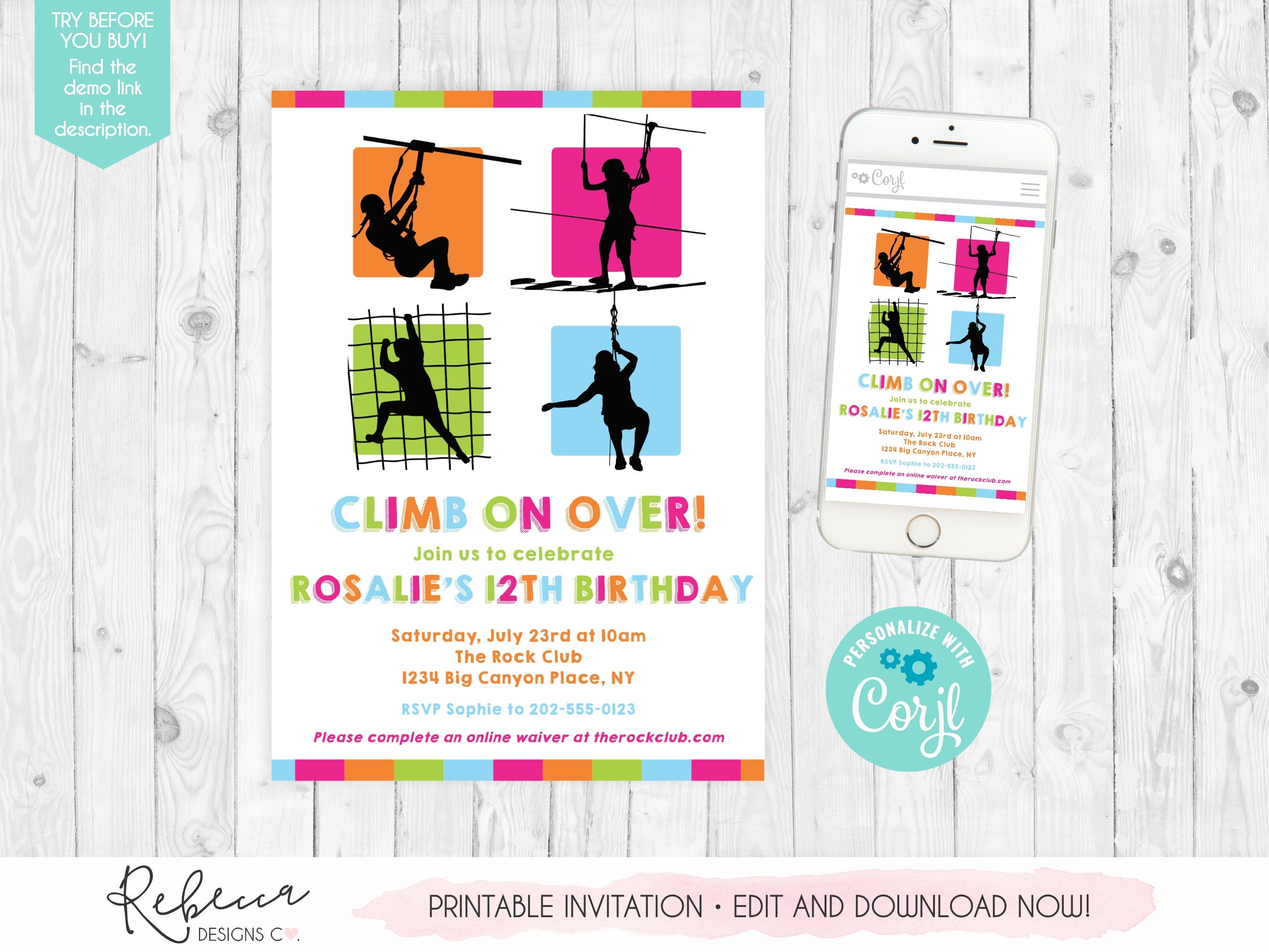 Ropes Course Invitation Obstacle Course Birthday Girl Zipline ...