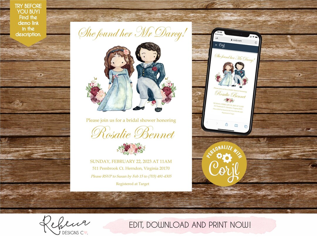 Invitación a la despedida de soltera de Orgullo y prejuicio Jane Austen ...