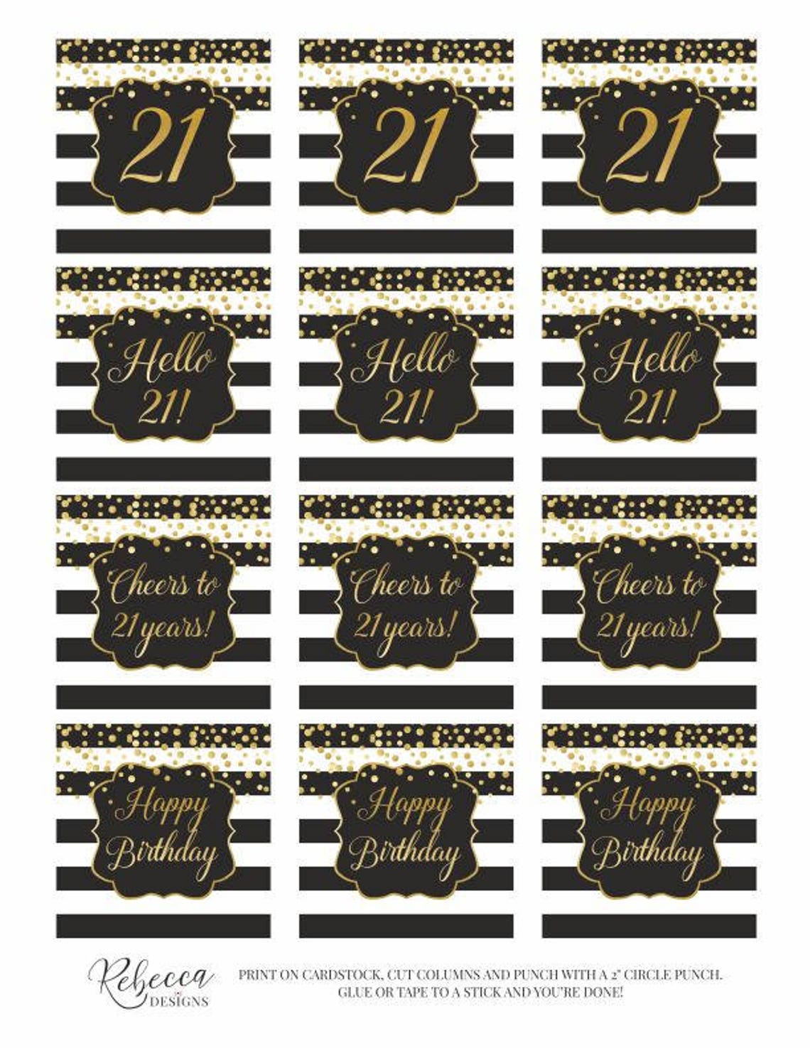 21st birthday cupcake toppers printable birthday toppers gold | Etsy