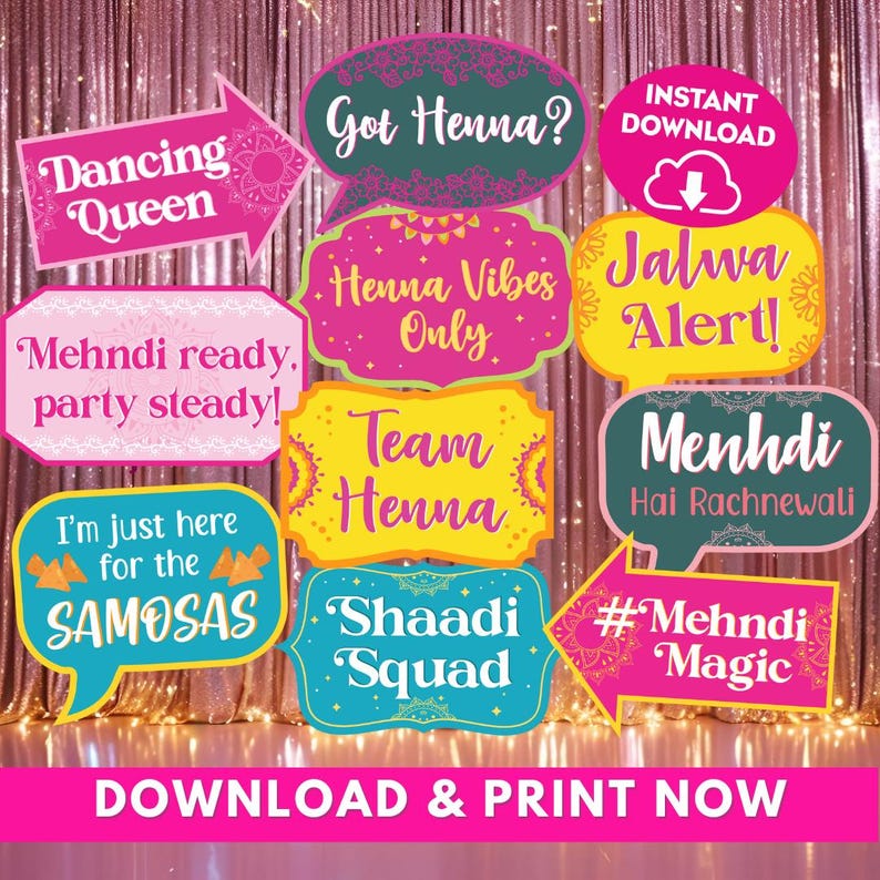 Mehndi Photo Props Printable Henna Party Decor Dholki Props Party Desi ...