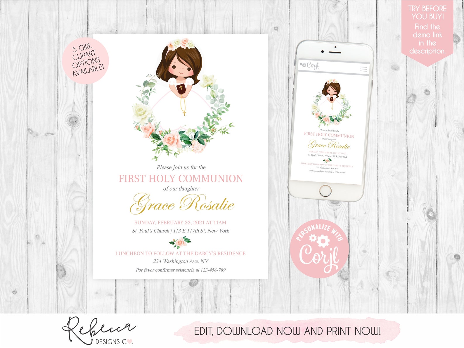 Girl First Communion Invitation Printable Pink Communion - Etsy