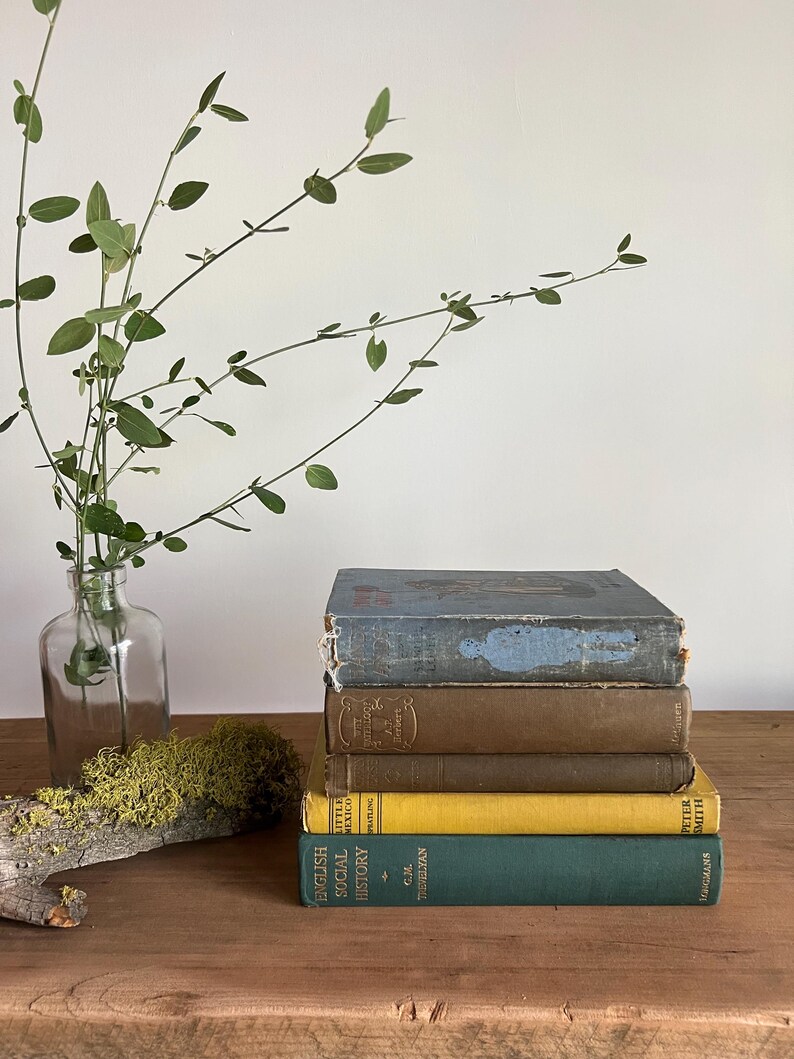 Vintage Blue Green and Yellow Books, Set of 5 Antique Books, Home Decor ...