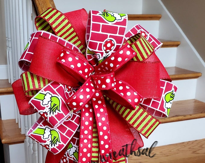 Red and Green Grinch Inspired Deluxe Tree Topper Bow, Christmas Tree ...