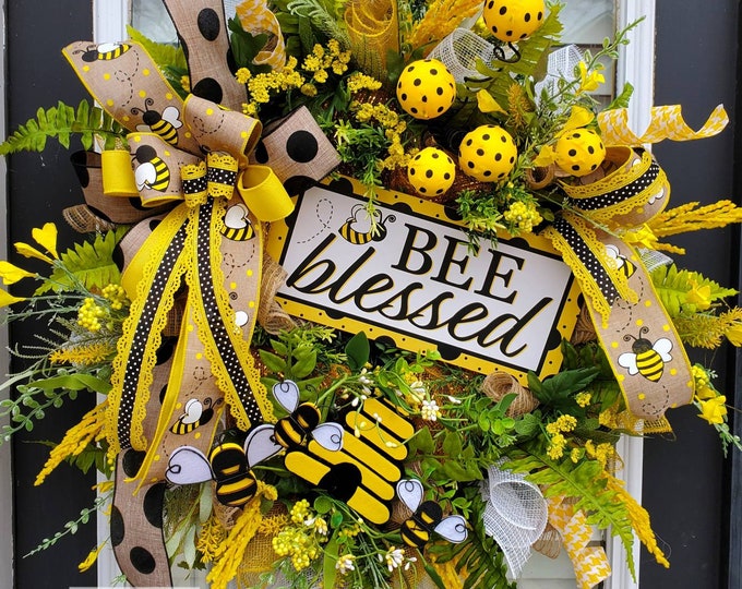 Bee Blessed Spring Wreath, Beehive Decor, Bumblebee Front Door Wreath ...