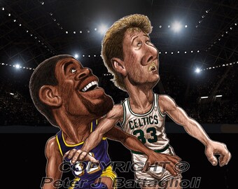 Larry Bird Magic Johnson Montage Caricature Limited Edition | Etsy