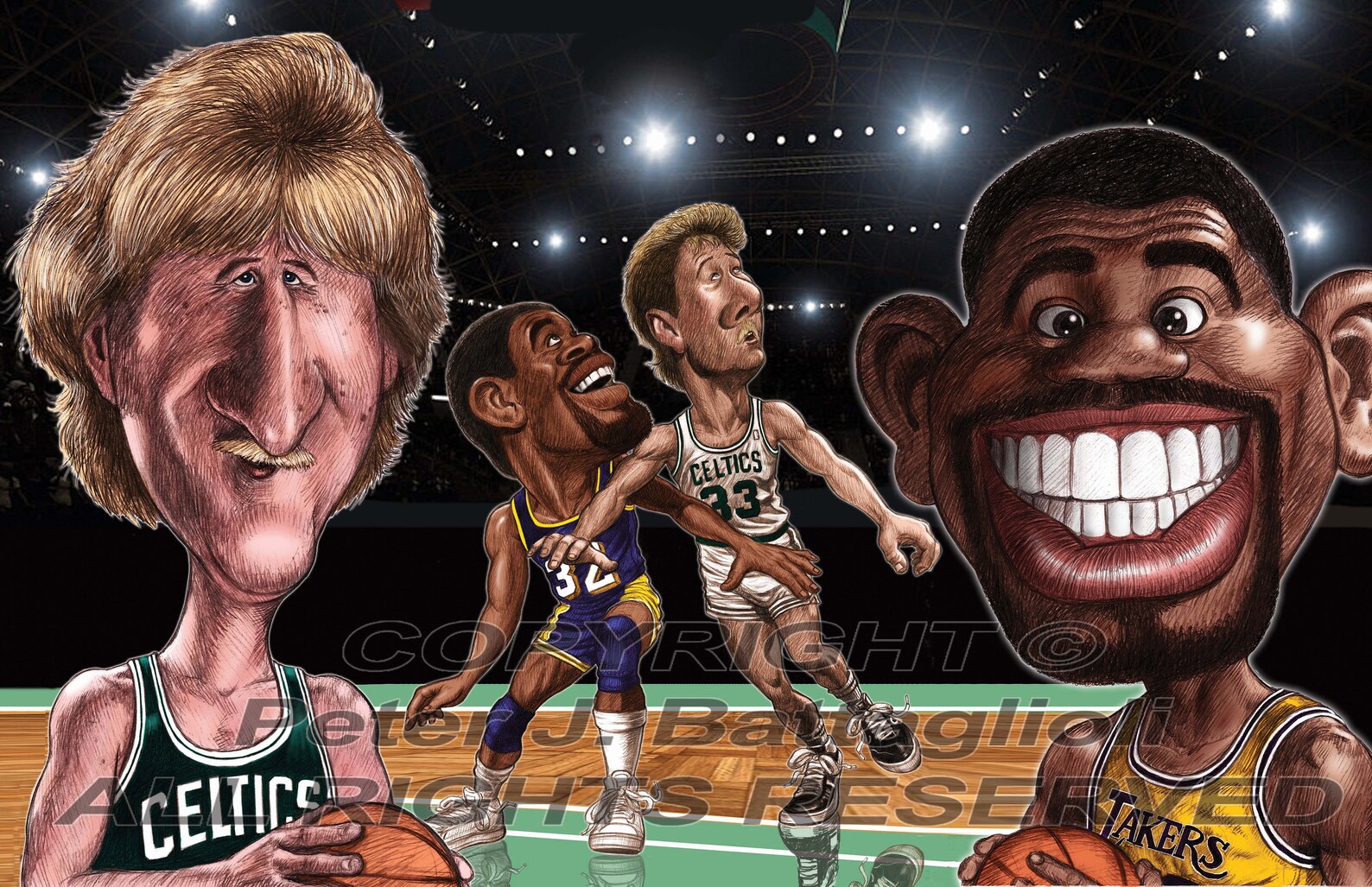 Larry Bird Magic Johnson Montage Caricature Limited Edition Art Print ...