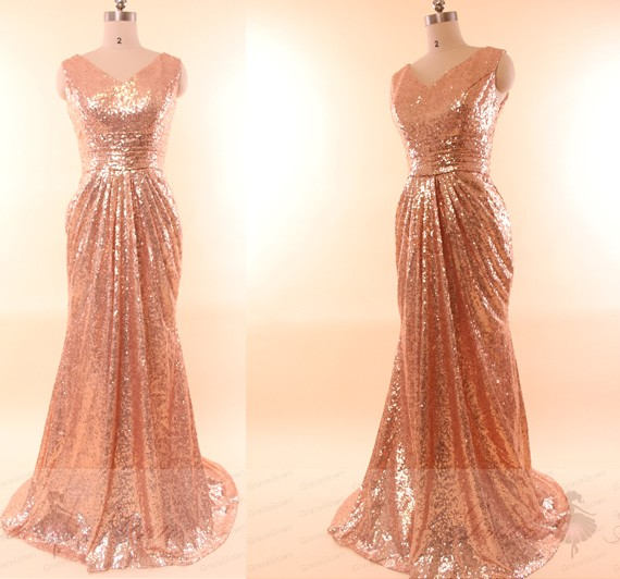 Rose Gold Sequin Prom Dress Longmodest Bridesmaid | Etsy