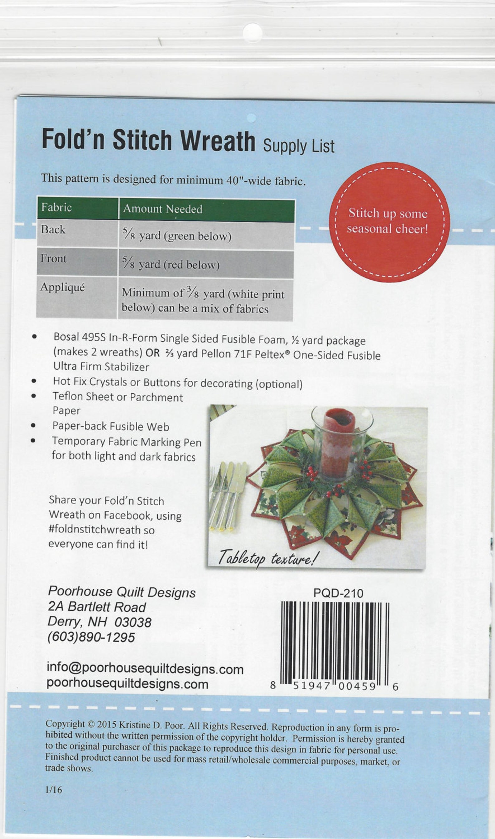 Fold N Stitch Wreath Pattern by Poor House Quilt Designs - Etsy