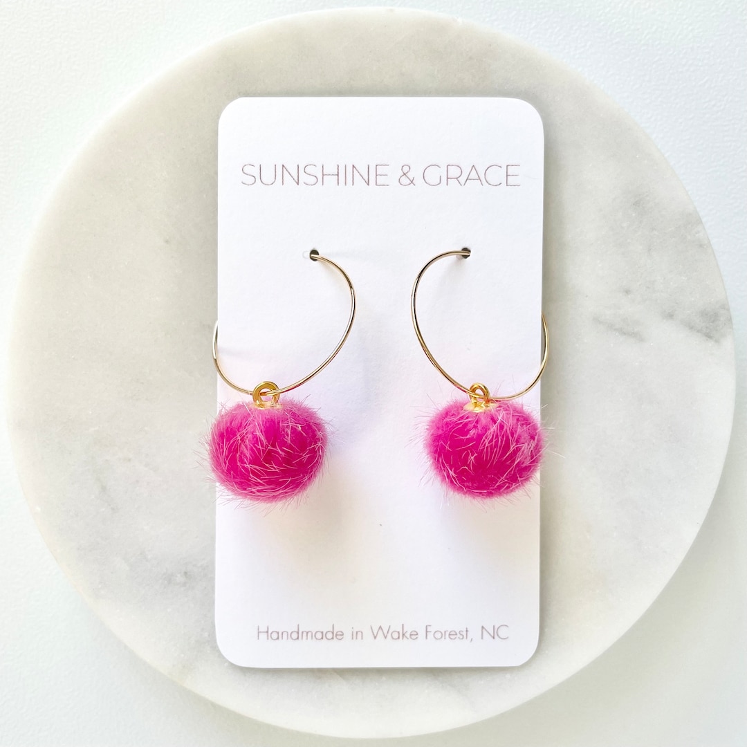 Pink Pom Pom Hoop Earrings, Hot Pink Hoop Earrings, Pink Hoops, Gold ...