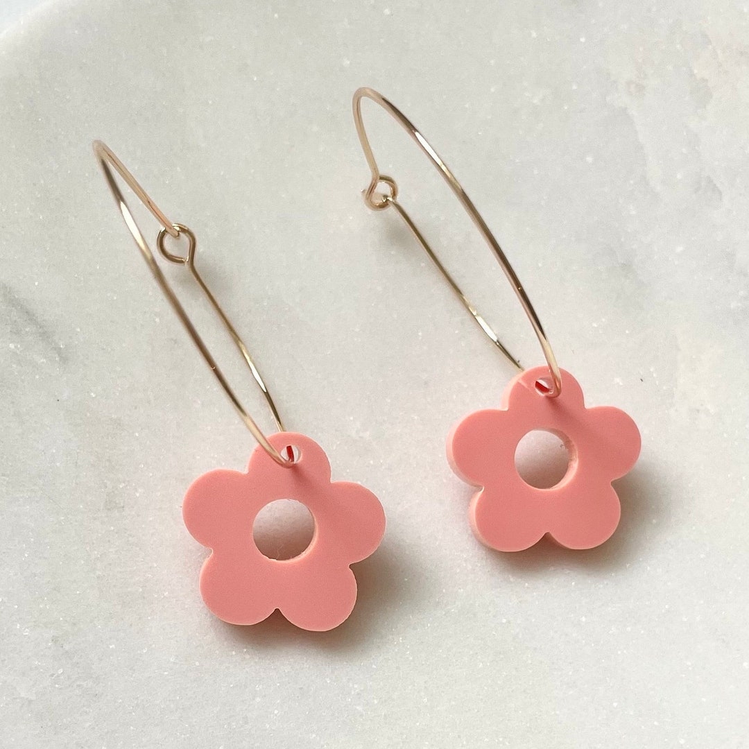 Peach Flower Hoops, Flower Earrings, Flower Hoop Earrings, Daisy ...