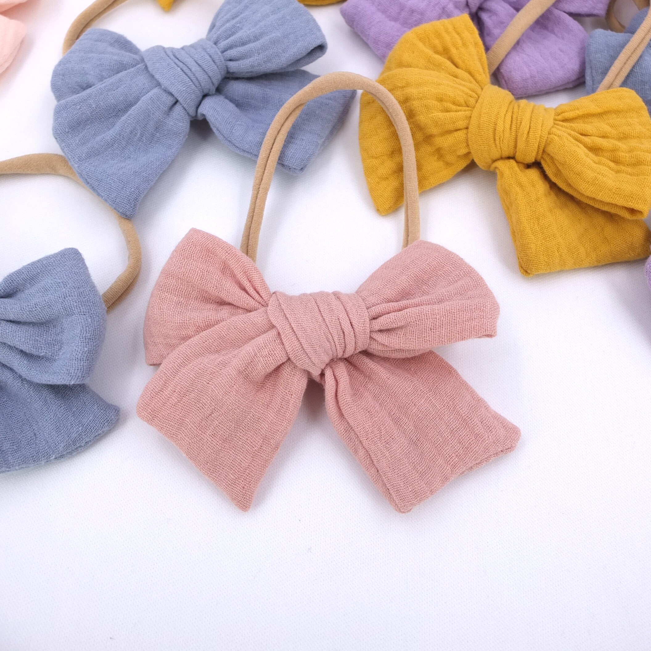 6 PCS Original Cotton Gauze Hair Bow Nylon Headbands for | Etsy
