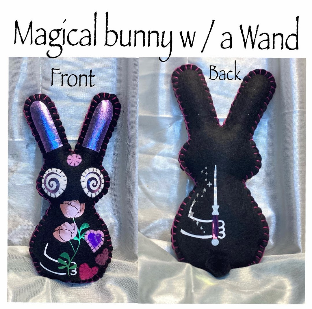 Creepy Cute Black Whimiscal Magic Bunny With a Wand, Holding Flowers ...