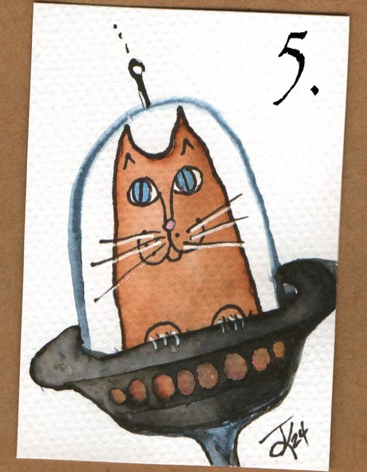 Whimsical Artsy Fat Cats in Spaceships Watercolor Mini's 2.25x3.25 ...
