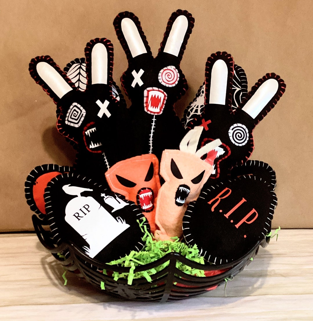 Creepy Gift Basket, 3 Felt Zombie Bunnies, 6-creepy Black Eggs, & 2 ...