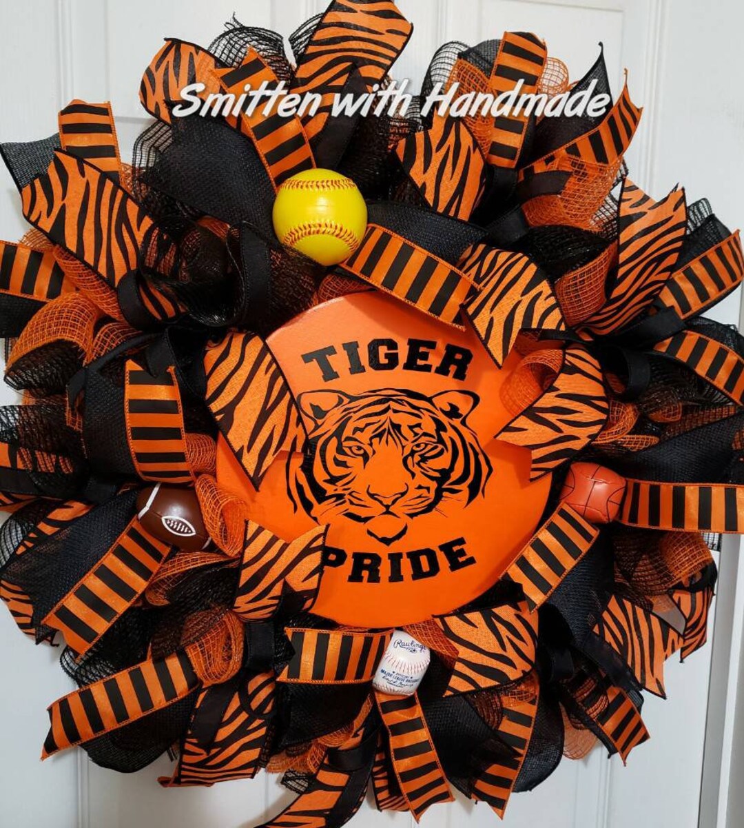 Tiger School Mascot Wreath, Tigers Orange and Black Wreath, Orange and ...