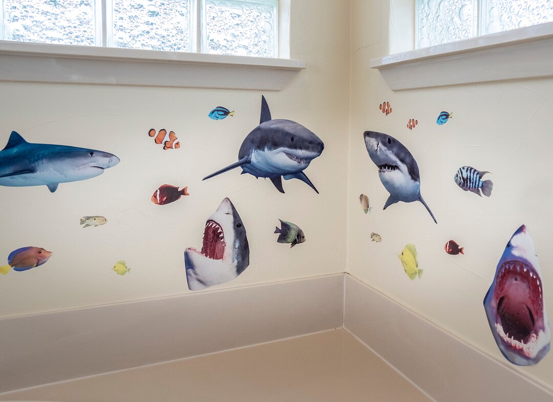 Shark Wall Decal Bathroom Fish Shark Mural(5_shark_other MINI Size) - Etsy