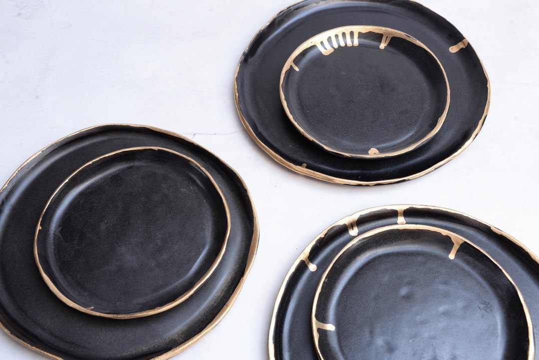 Dinner Set Gold Edge Black Rustic Handmade Handcrafted Stoneware Plate ...