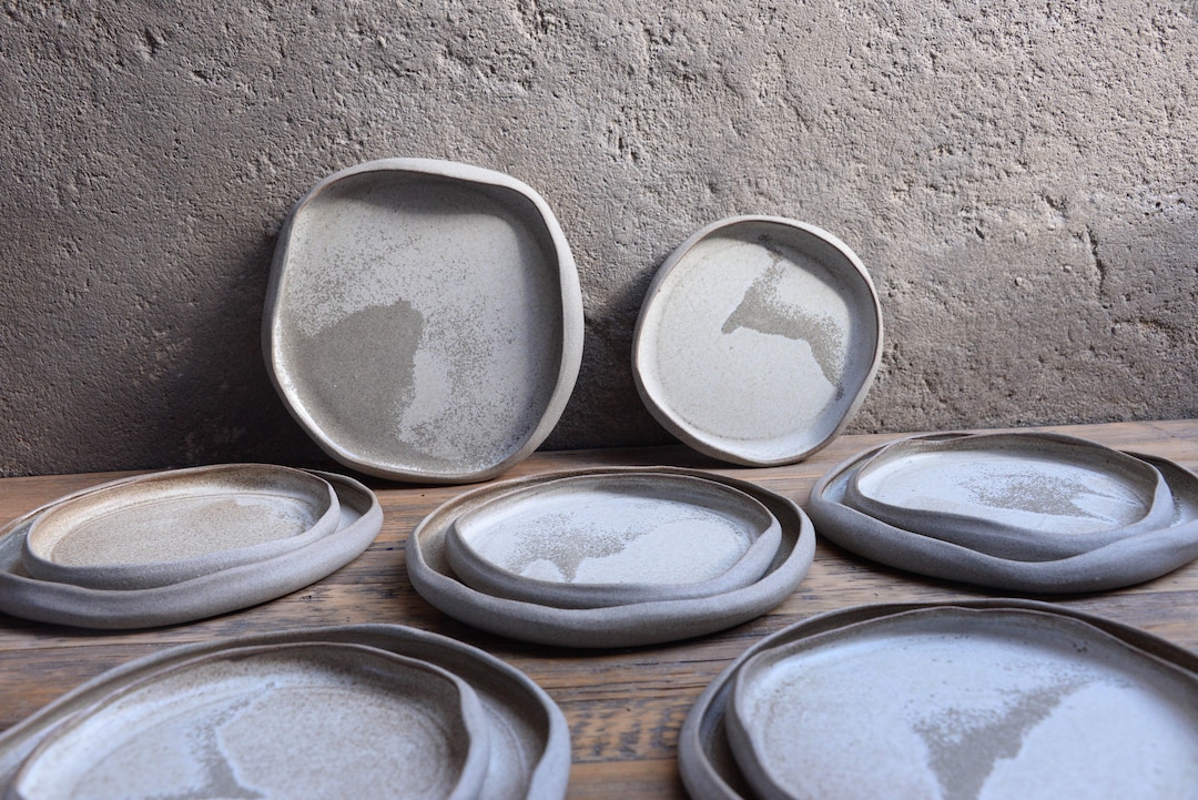 Dune Dinner Set Organic Natural Shape Stoneware Plates in Grey Cream ...