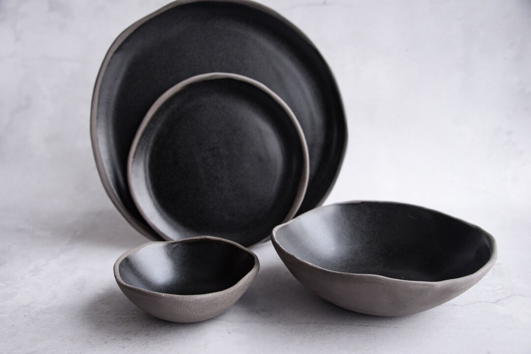 BLACK on GREY Plates and Bowls Dinner Set, Handmade Handcrafted ...