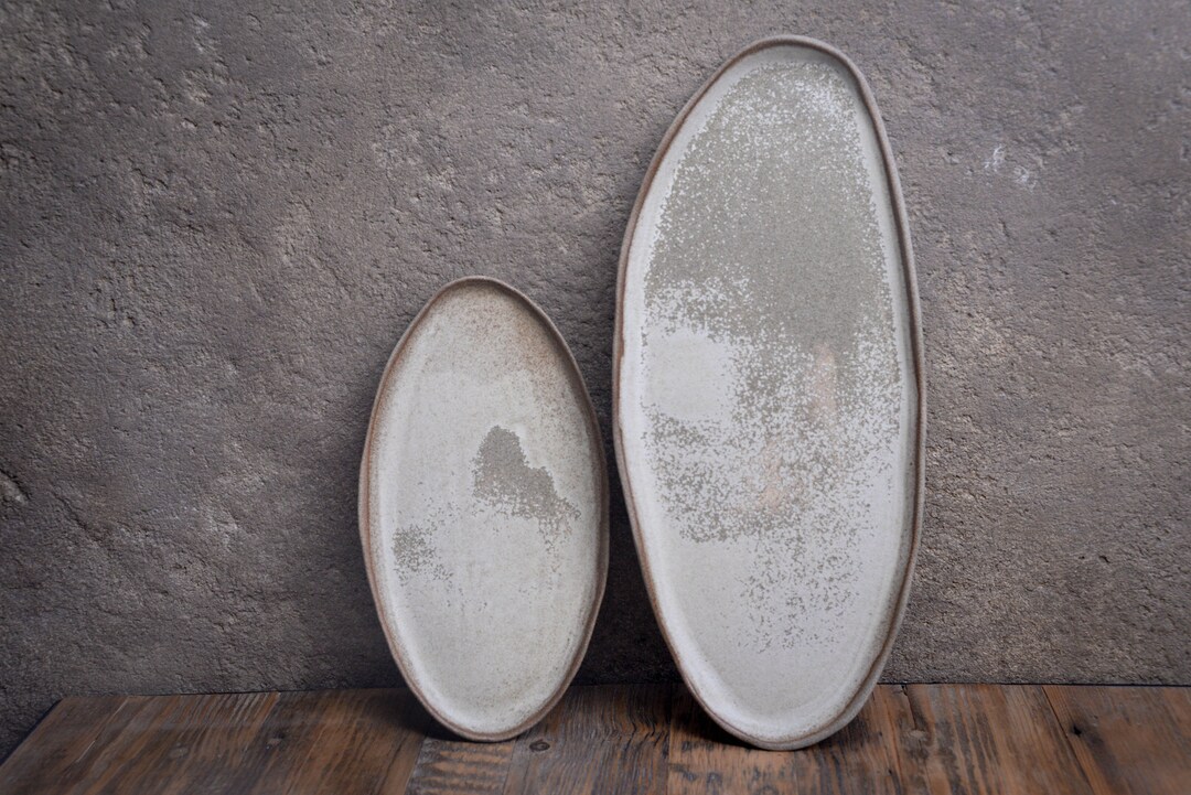 Organic Natural Shape Elongated Stoneware Plates in Grey Cream ...