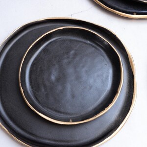 Dinner Set Gold Edge Black Rustic Handmade Handcrafted Stoneware Plate ...