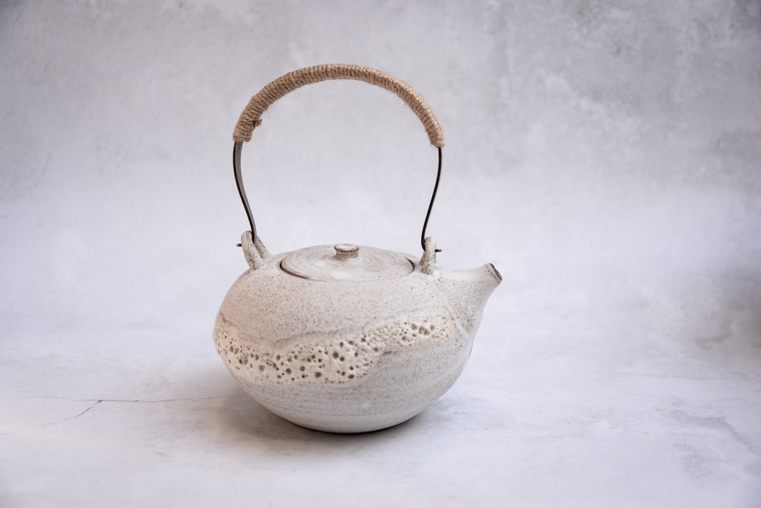 Moon TEAPOT Wheel Thrown Stoneware White, Metal Handle, Natural Minimal ...