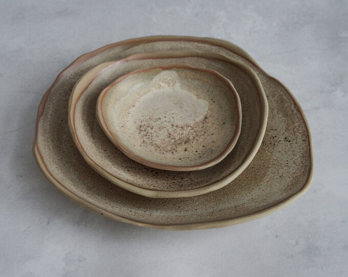 SET OF 3 PLATES - Cream Beige Dinner / Serving Platter / Cake Plate ...