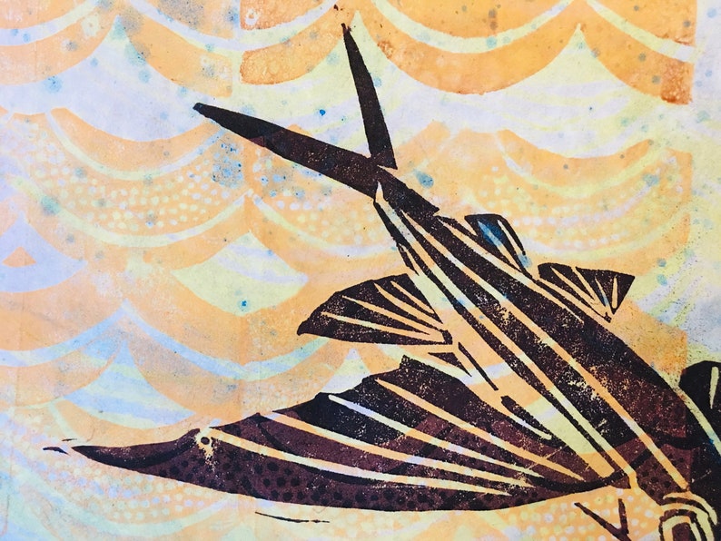 MALOLO 18x12 Flying Fish Linoleum Block/mono Hawaiian Art Print by ...