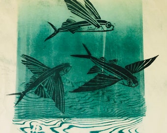 MALOLO 18x12 Flying Fish Linoleum Block/mono Hawaiian | Etsy