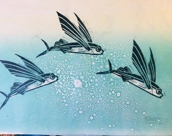 MALOLO 18x12 Flying Fish Linoleum Block/mono Hawaiian | Etsy