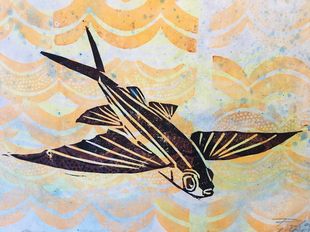 MALOLO 18x12 Flying Fish Linoleum Block/mono Hawaiian Art Print by ...