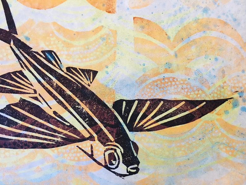 MALOLO 18x12 Flying Fish Linoleum Block/mono Hawaiian Art Print by ...