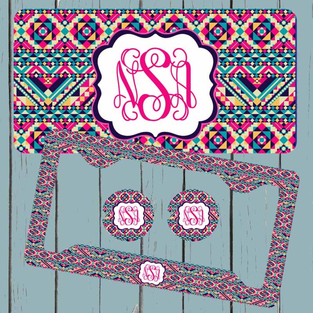 Monogram Aztec License Plate-monogram Car Tag, Vine Font, Front License ...