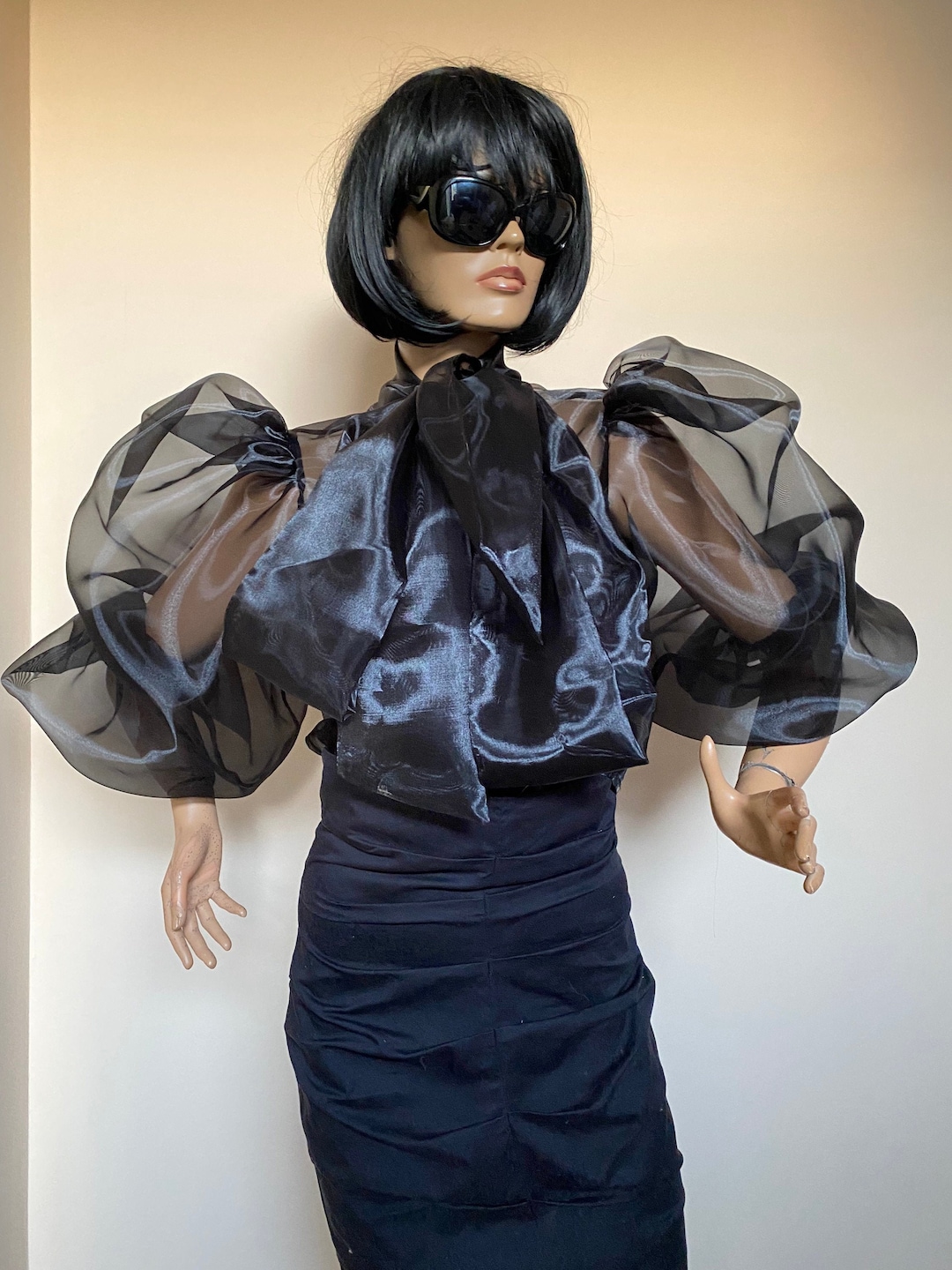 Black Sheer Bow Blouse, Organza Pussy Bow Shirt, See Through Cocktail ...