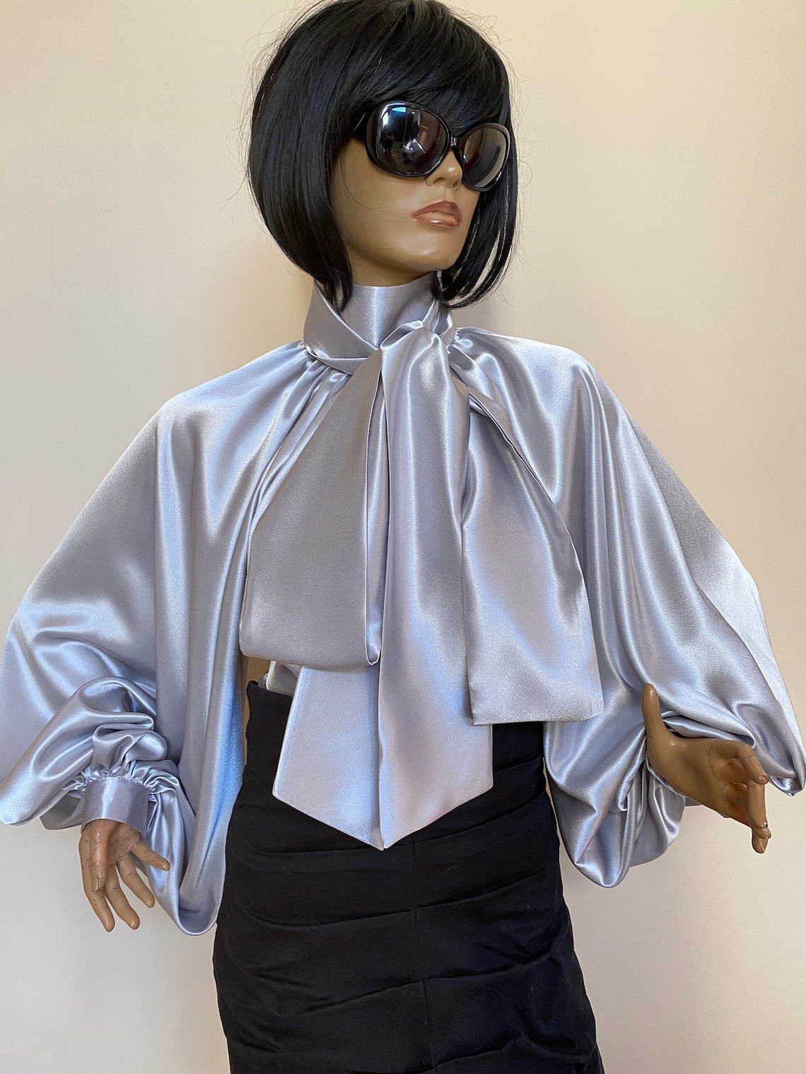 Formal Womens Satin Bow Blouse, Silver Cocktail Satin Blouse, Puffy ...