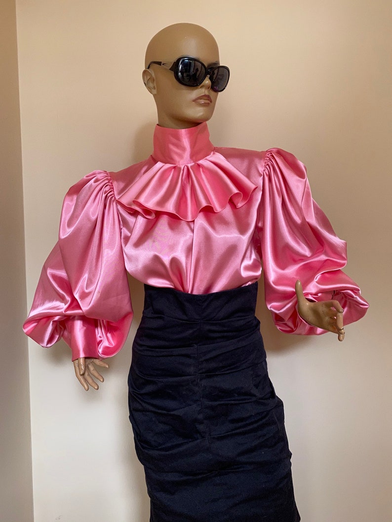 Formal Pink Satin Blouse With Victorian Collar and Puffy Sleeves - Etsy