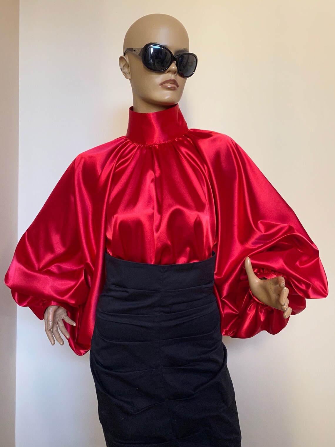 Red Formal Satin Cocktail Satin Blouse, Victorian Collar Blouse, Plus ...