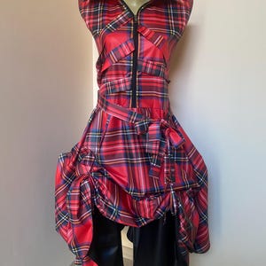 Edgy Red Tartan Dress With Zipper & Ruffle Details, Asymmetrical Punk ...