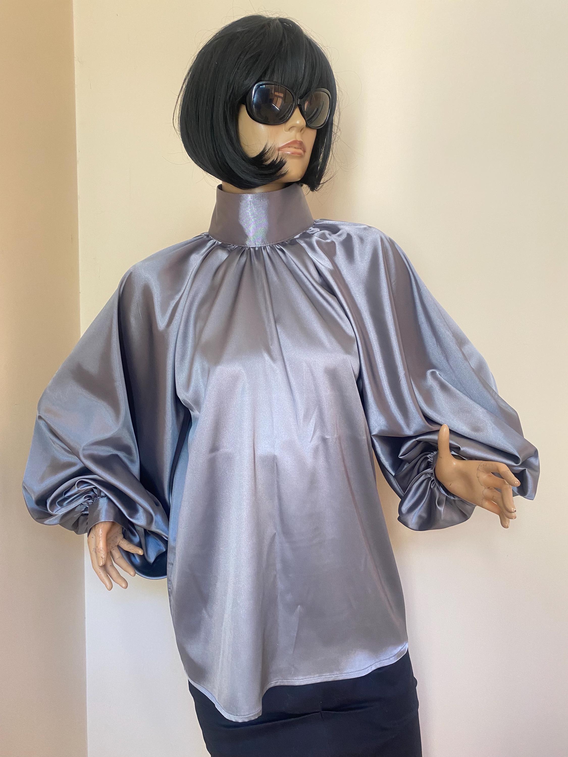 Silver Metallic Formal Womens Satin Bow Blouse, Silver Cocktail Satin ...