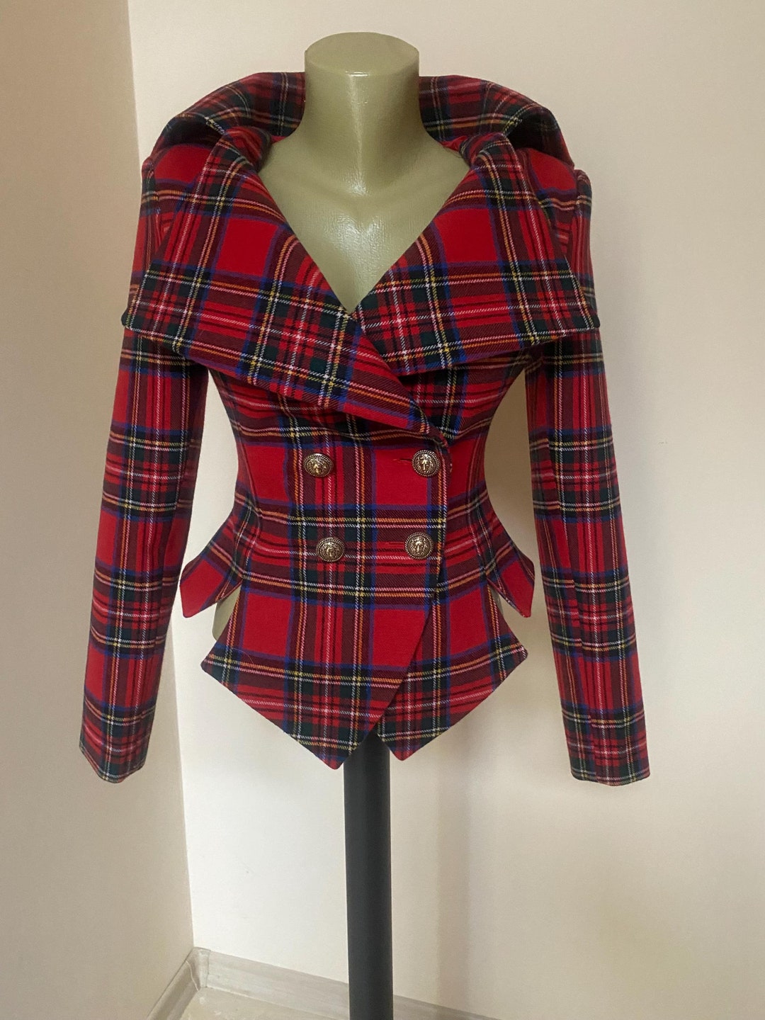 Red Royal Stewart Tartan Wool Tartan Tailored Jacket Tweed Checked Blazer Womens Plaid Coat