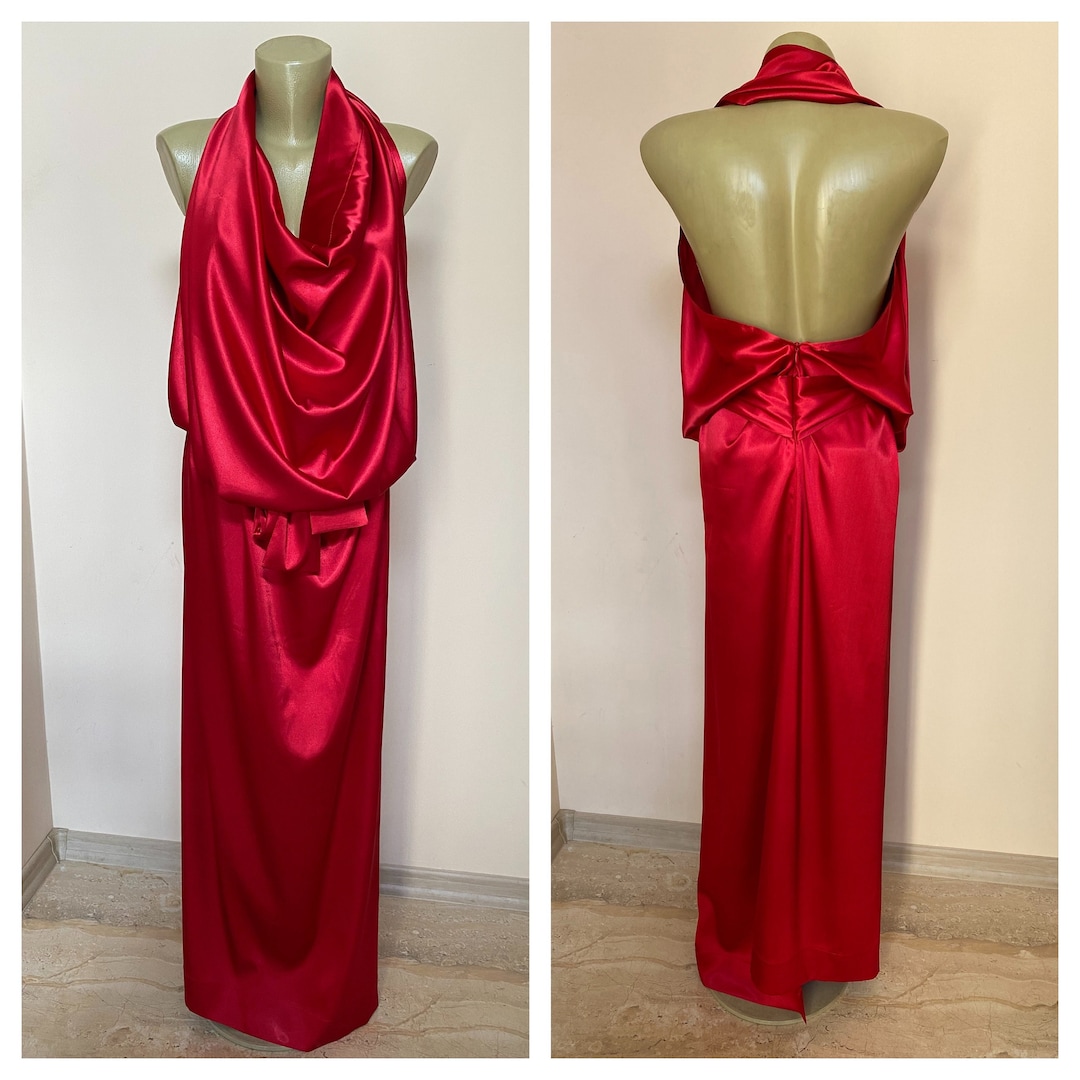 Red Maxi Prom Satin Dress, Formal Halter Neck Satin Dress, Backless ...