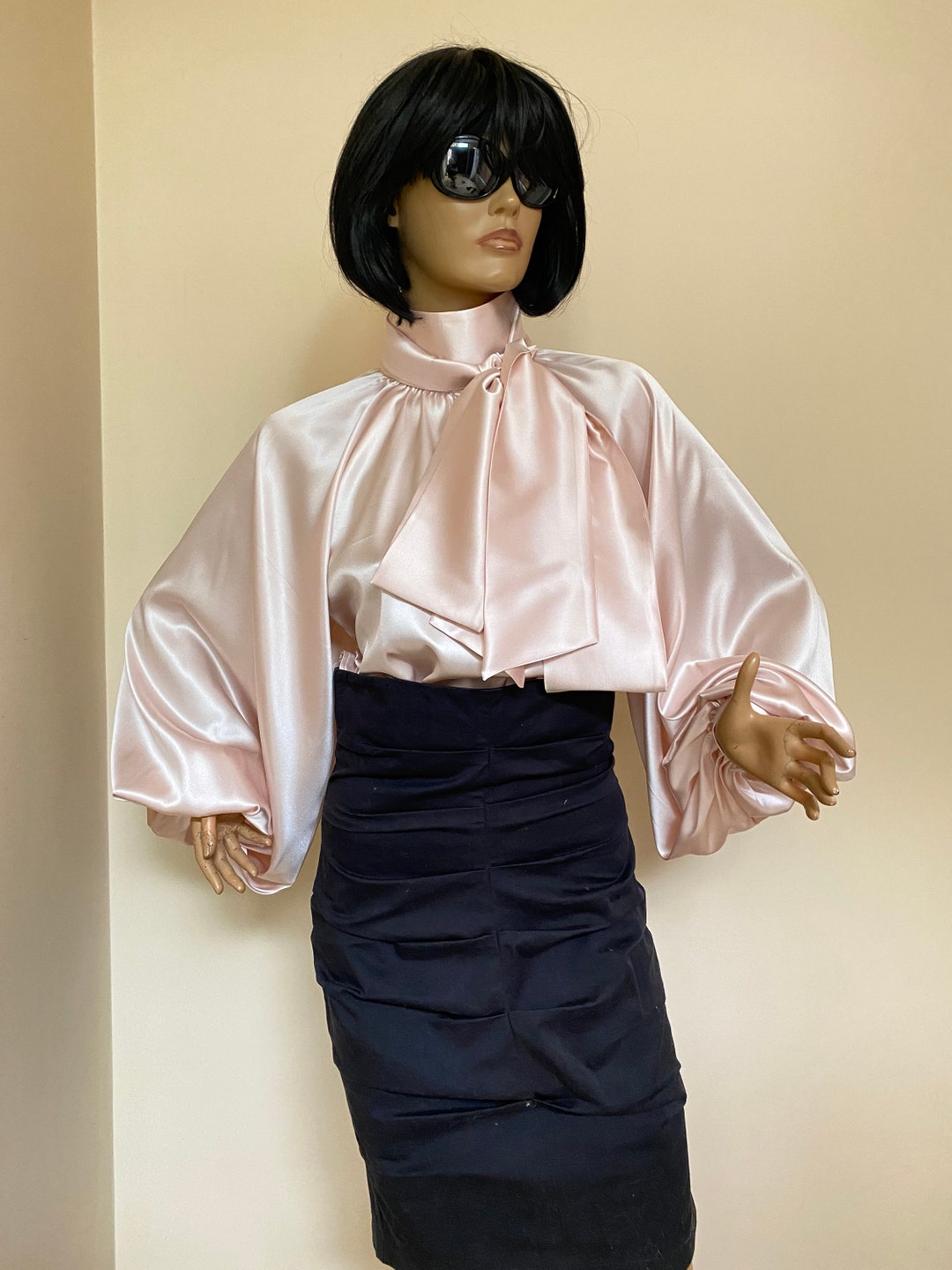 Formal Womens Satin Bow Blouse, Light Pink Cocktail Satin Blouse, Puffy ...