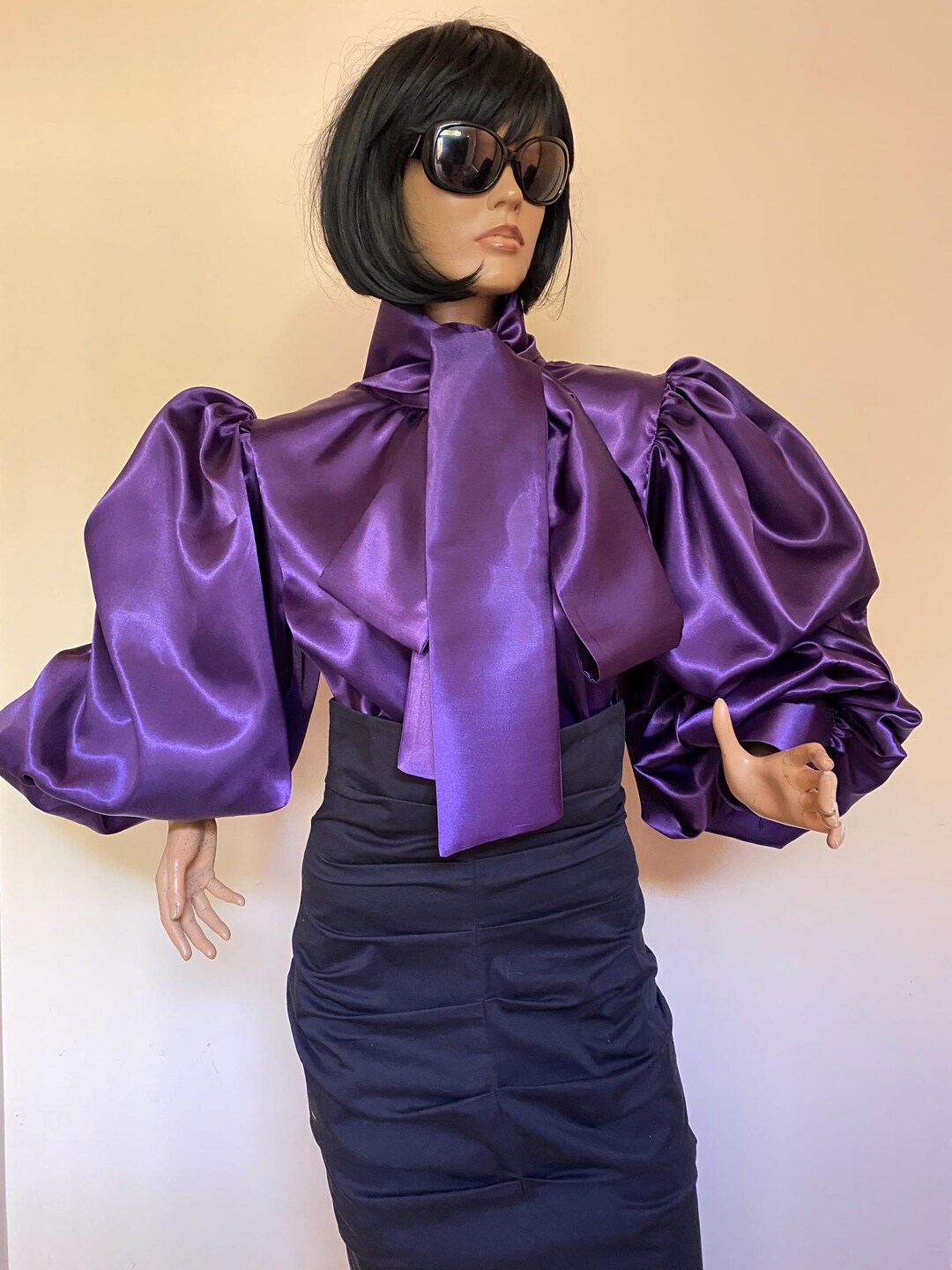 Purple Satin Blouse With Puffy Sleeves and High Victorian Collar and ...