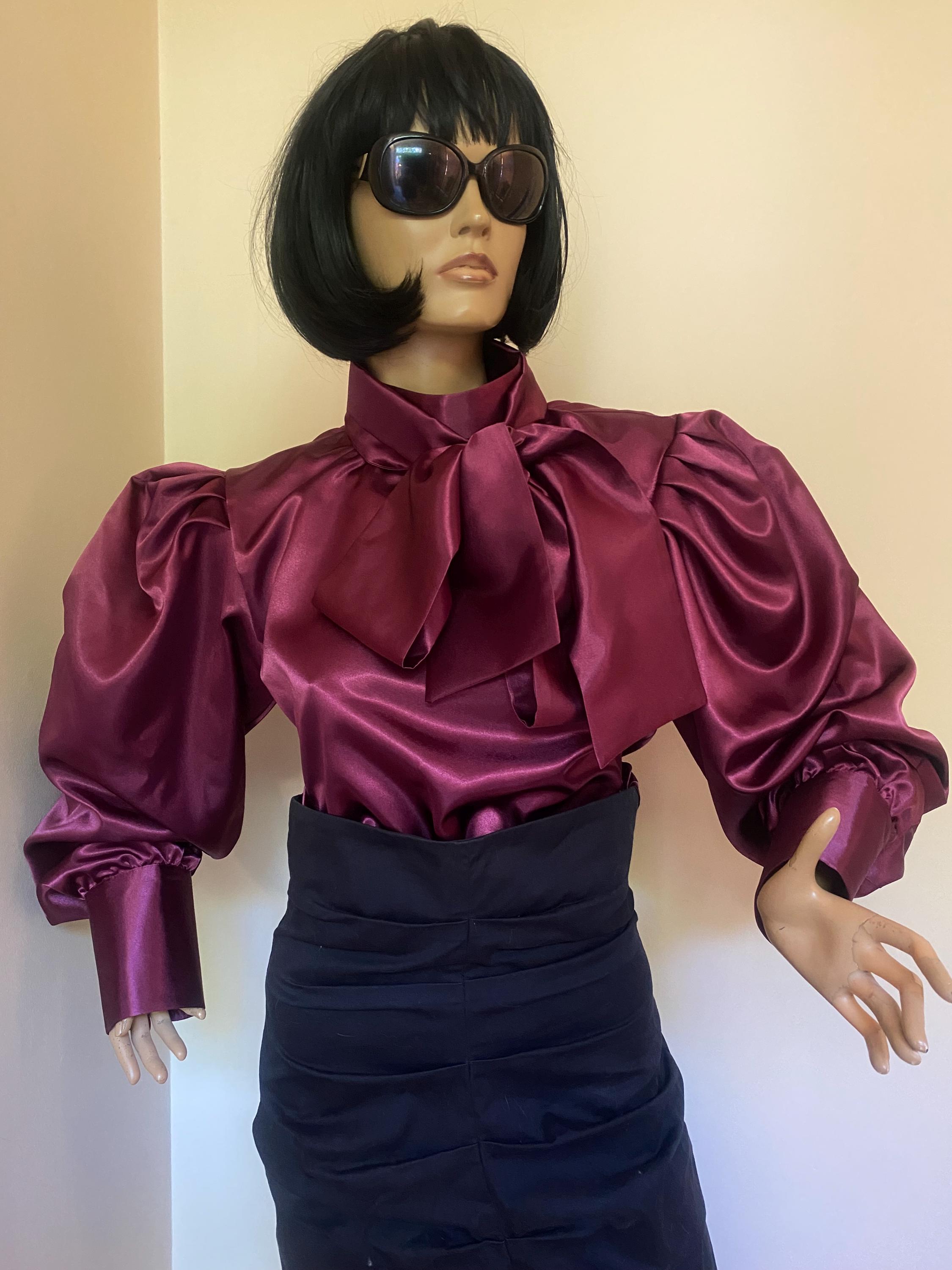 Vintage-inspired Satin Blouse With Dramatic Puff Sleeves High Collar ...